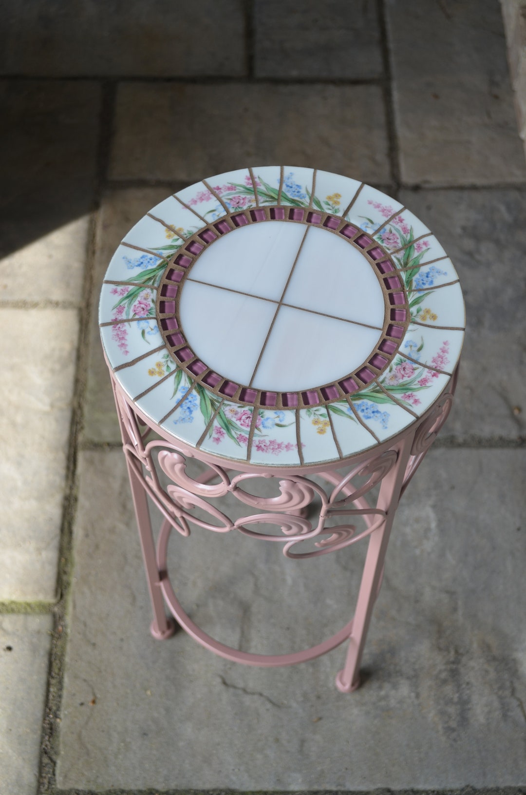 Mosaic Round Metal Plant Stand Table With Broken Vintage China ...