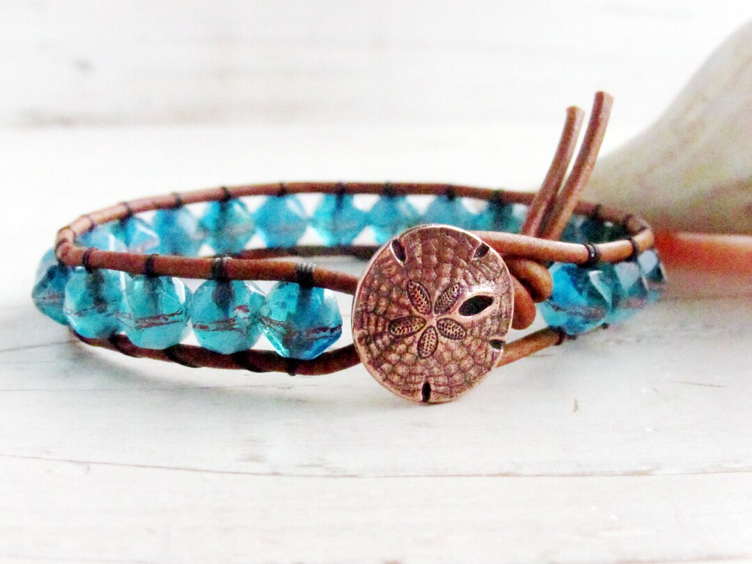 Copper Sand Dollar Bracelet, Aqua Blue Bead Bracelet, Capri Blue ...