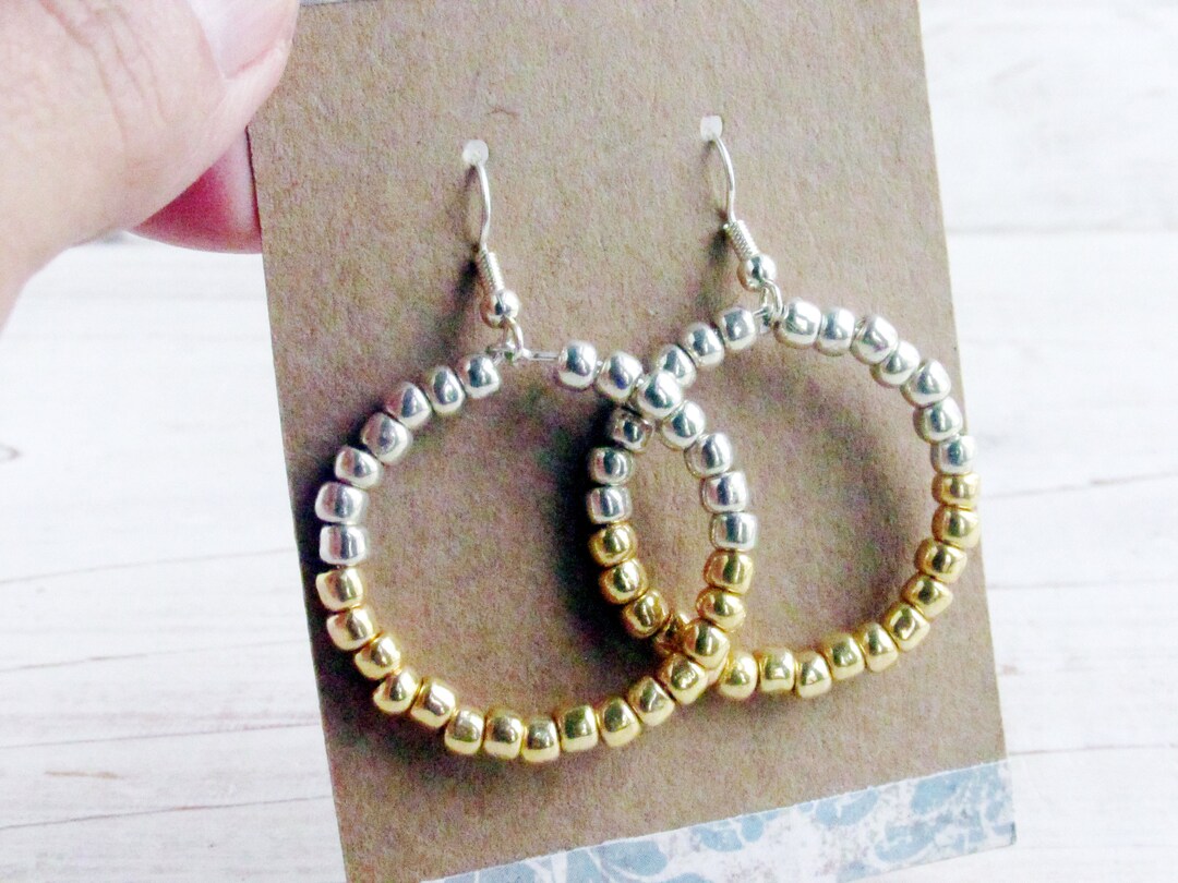 Silver & Gold Bead Hoop Earrings, Gold and Silver Circle Earrings, Mixed Metal Geometric Jewelry ...