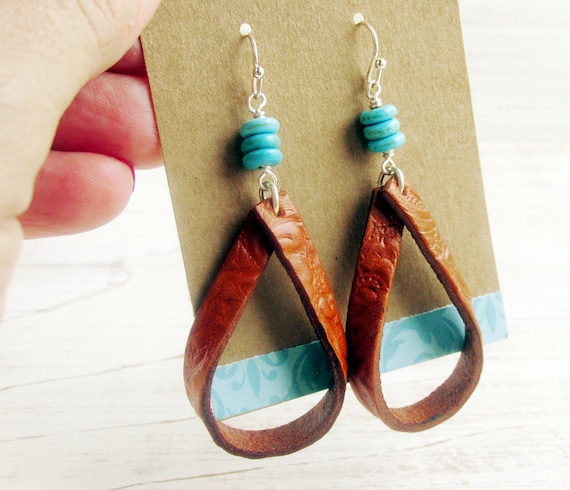 Western Turquoise and Leather Loop Earrings Cowgirl Earrings - Etsy