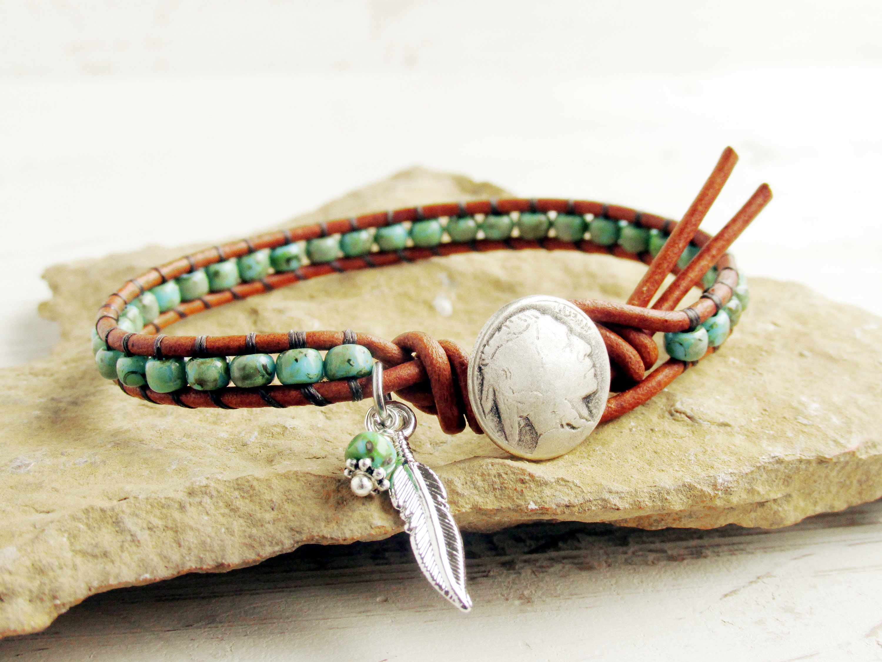 Indian Head Buffalo Nickel Turquoise Bead Leather Bracelet Native American Style Bracelet Wrap Bracelets for Women or Men Etsy