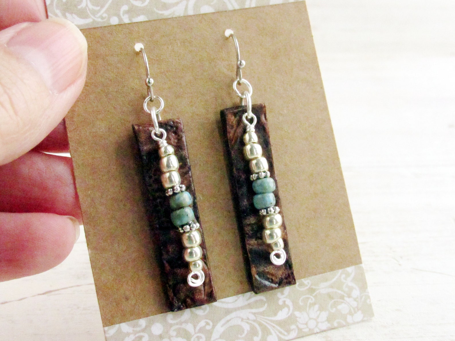 Silver and Turquoise Bead Leather Bar Earrings Medium Length - Etsy