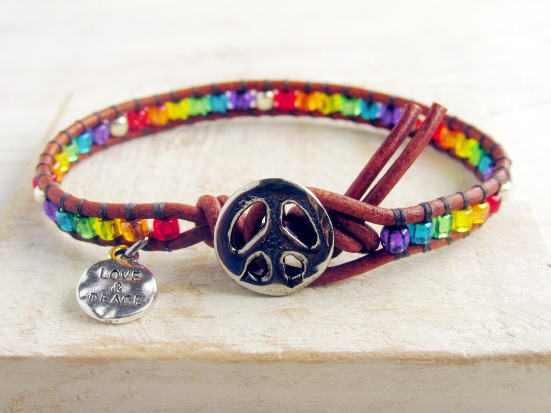 Peace Sign Rainbow Bracelet, Hippie Leather Wrap Bracelet, Rainbow ...