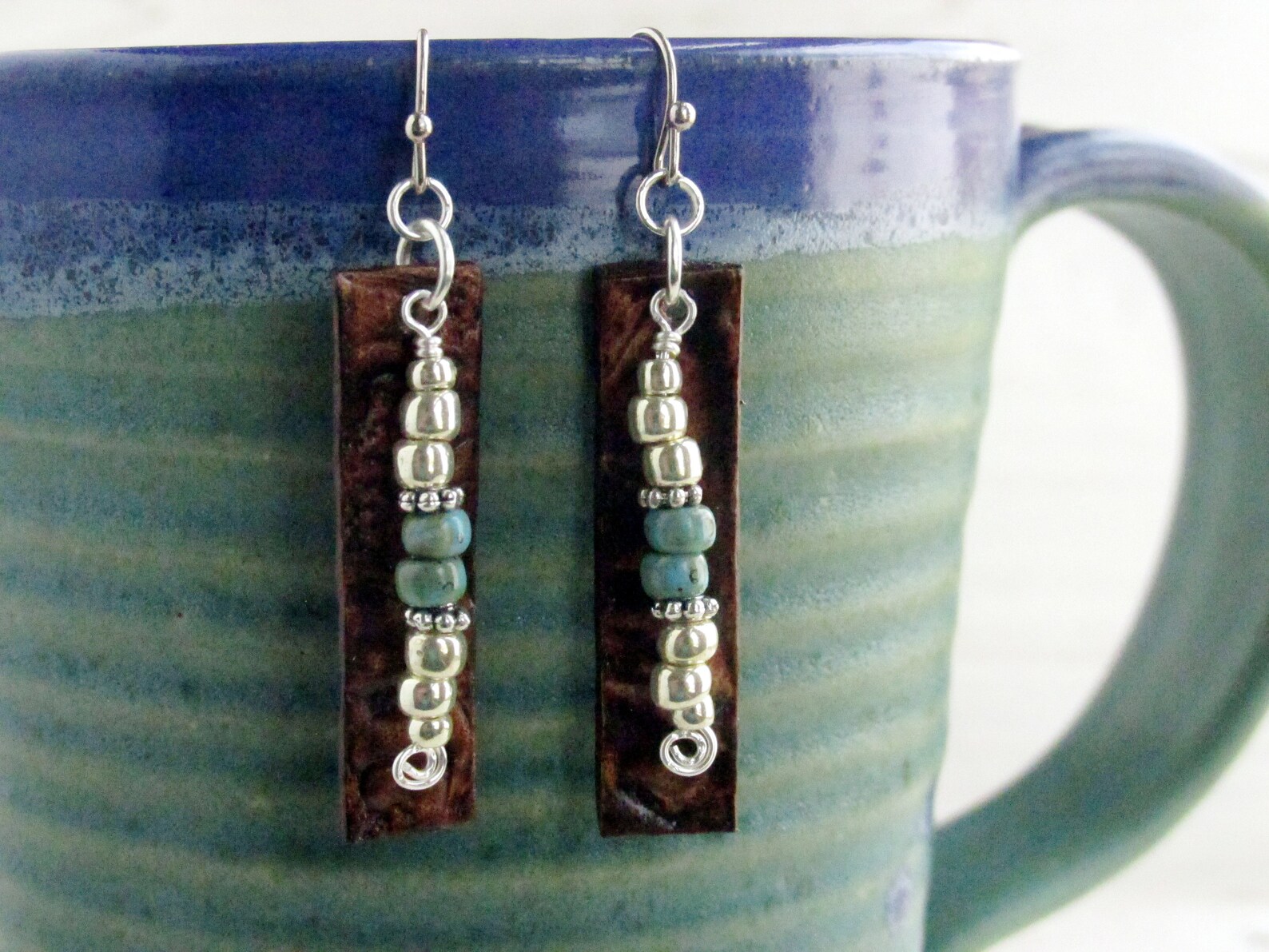 Silver and Turquoise Bead Leather Bar Earrings Medium Length - Etsy