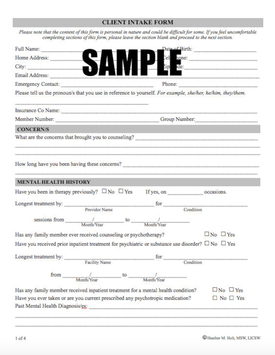 Mental Health Intake Form Diagnostic Assessment Etsy