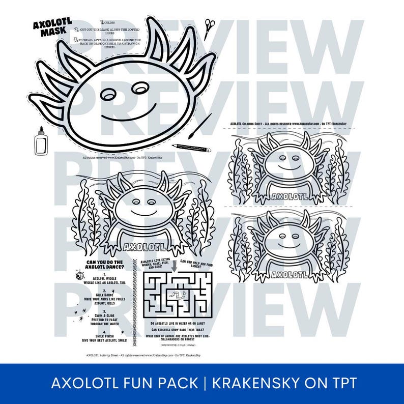 Axolotl Fun Pack - 3 Pages of Games and Art Projects! Do the Axolotl ...