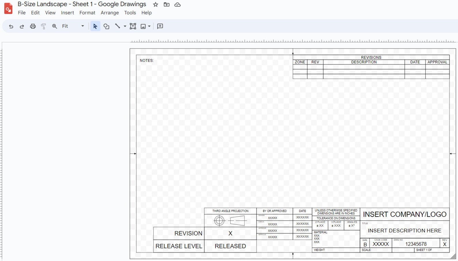 ANSI B-size Google Drawings Format Drafting Title Block Template ...