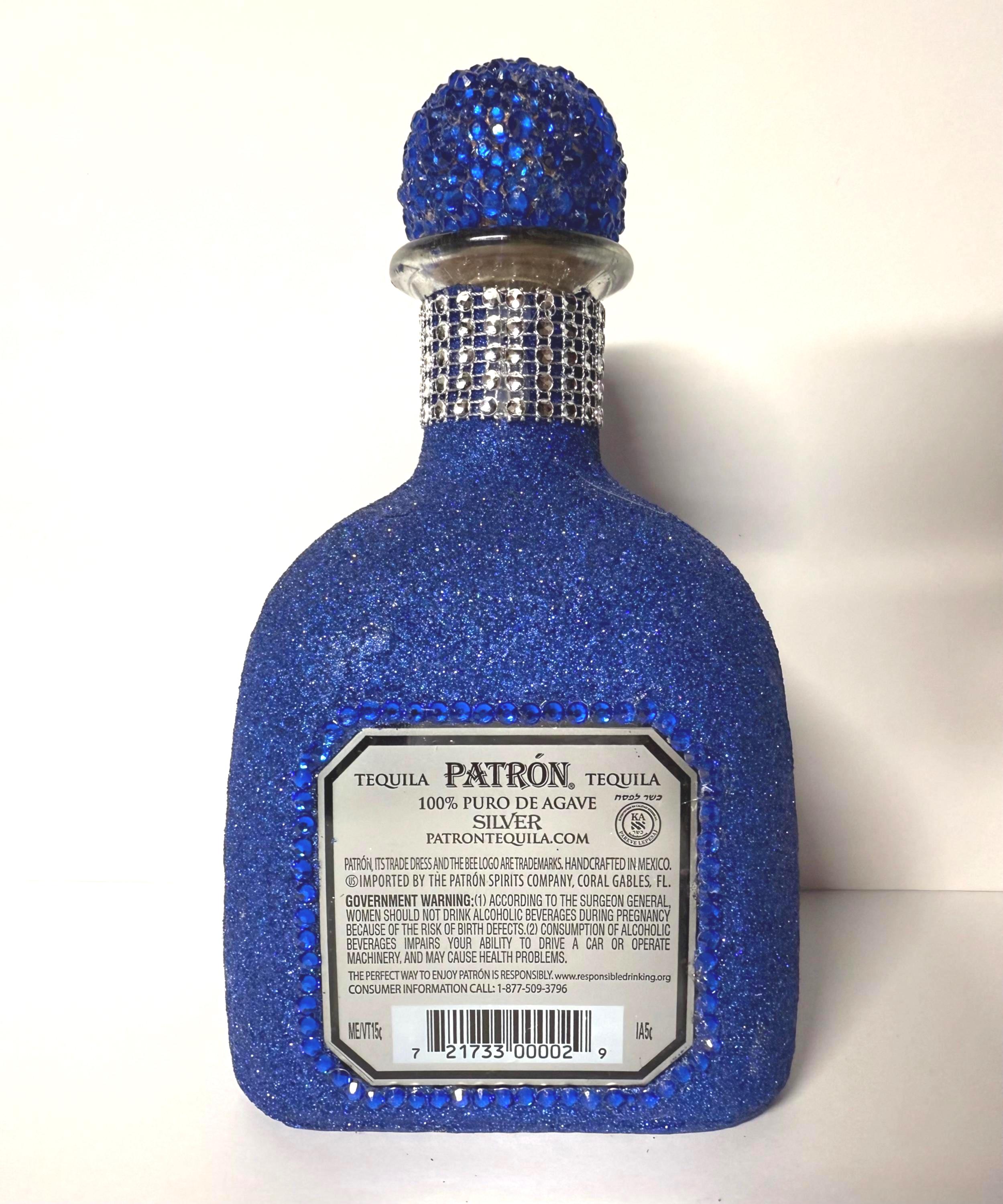 Something Blue Bridal Patron Gift, 750 ML Size Bottle, Glittery & Rhinestoned Blue Patron Bottle ...
