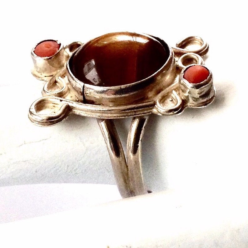 Tiger Eye Ring Sterling Gemstone Ring Coral Ring Artisan - Etsy