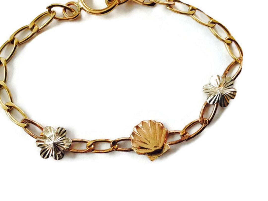 Gold Charm Bracelet - 14k Gold Shell Bracelet - Sterling Flower ...