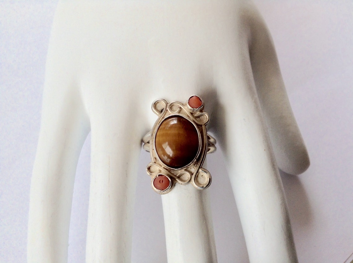 Tiger Eye Ring Sterling Gemstone Ring Coral Ring Artisan - Etsy