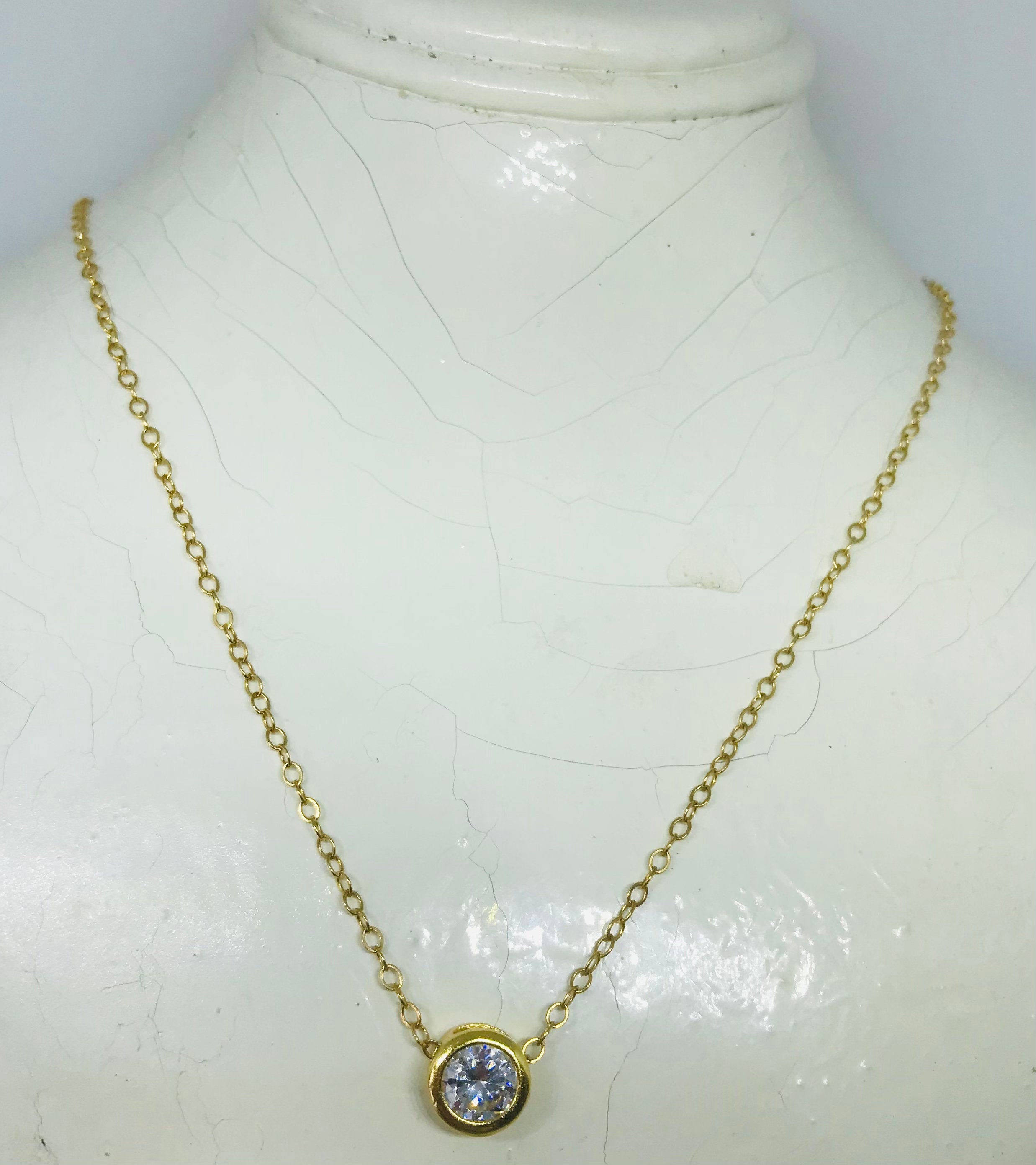 Diamond Solitaire Necklace 14K Gold CZ Charm 18k Beaded - Etsy