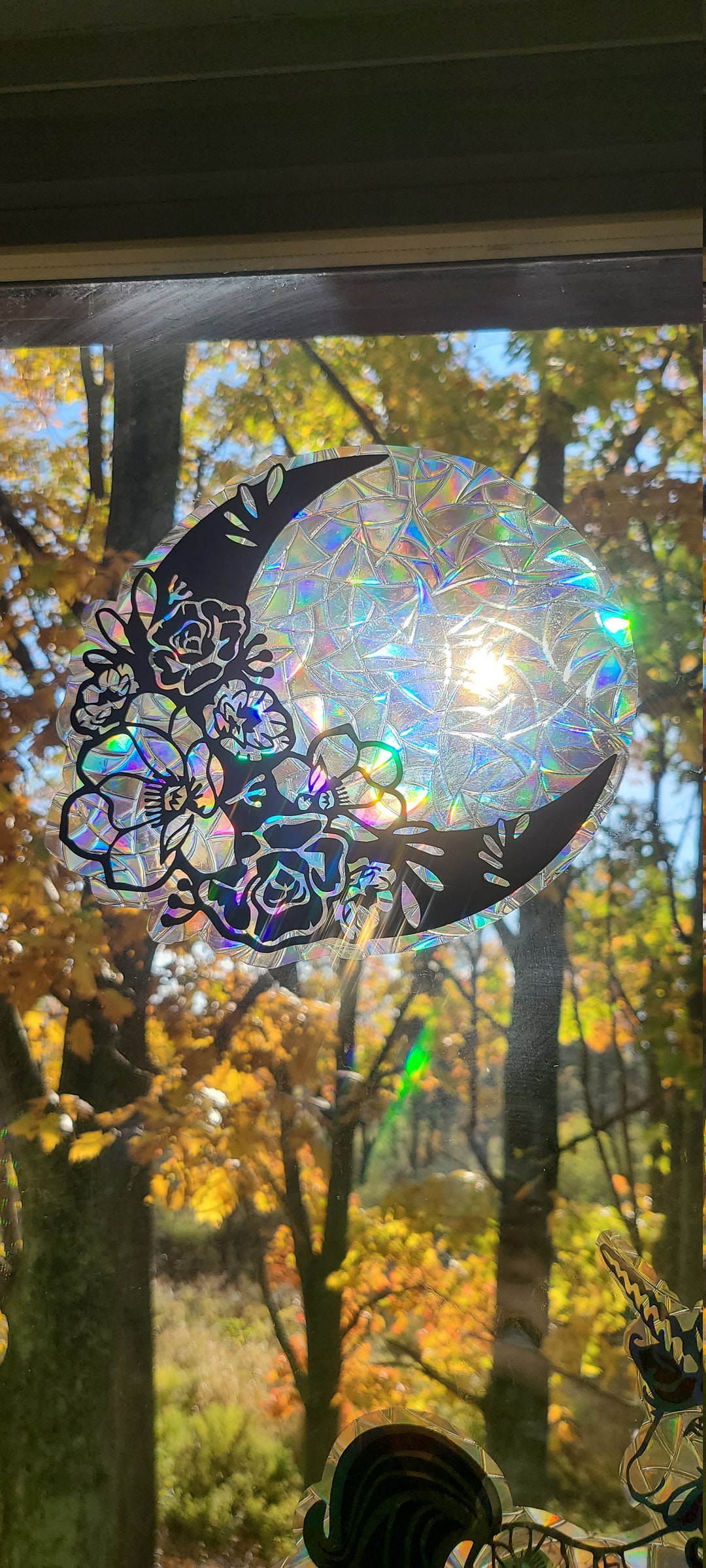Floral Crescent Moon Glass Window Static Cling // Produces Rainbows ...