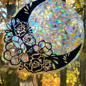 Floral Crescent Moon Glass Window Static Cling // Produces Rainbows ...