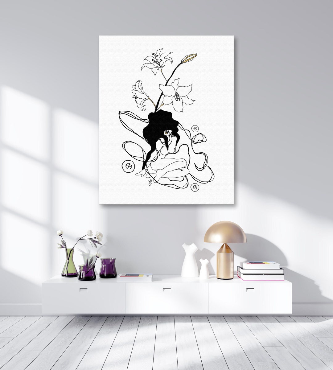 Flowers Naked Woman Line Art, CANVAS Boho Abstract Modern Nude Female ...