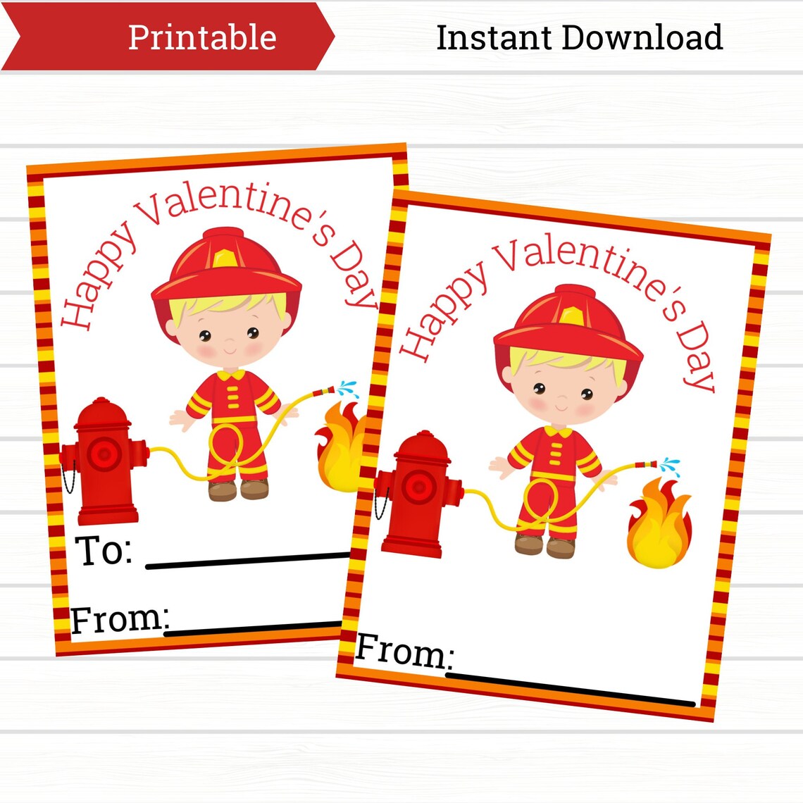 Printable Firefighter Valentine Fireman with hose Valentine | Etsy