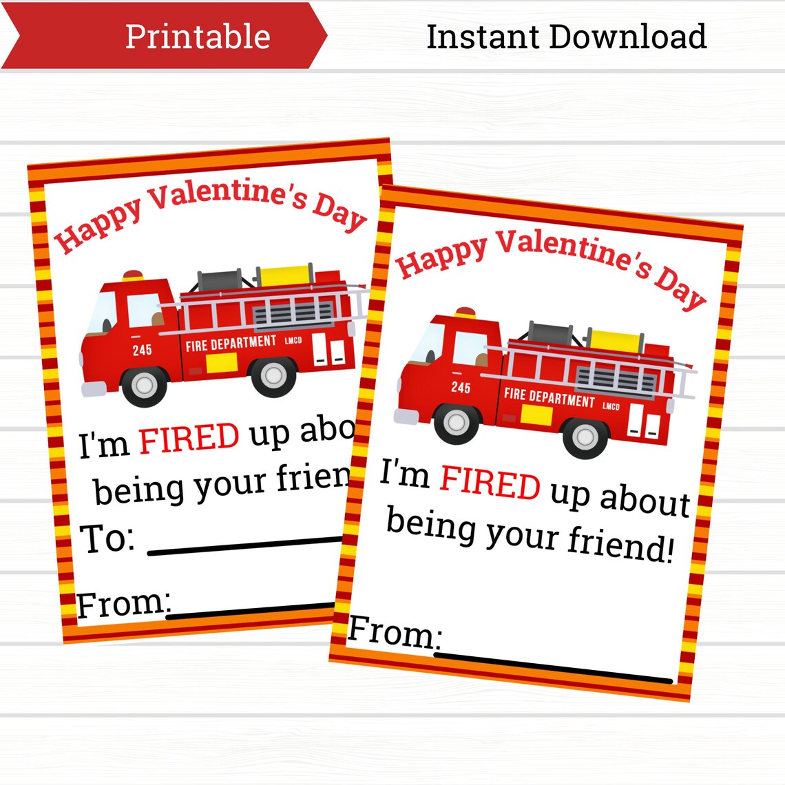 Printable Firefighter Valentine Fire Truck Valentine - Etsy
