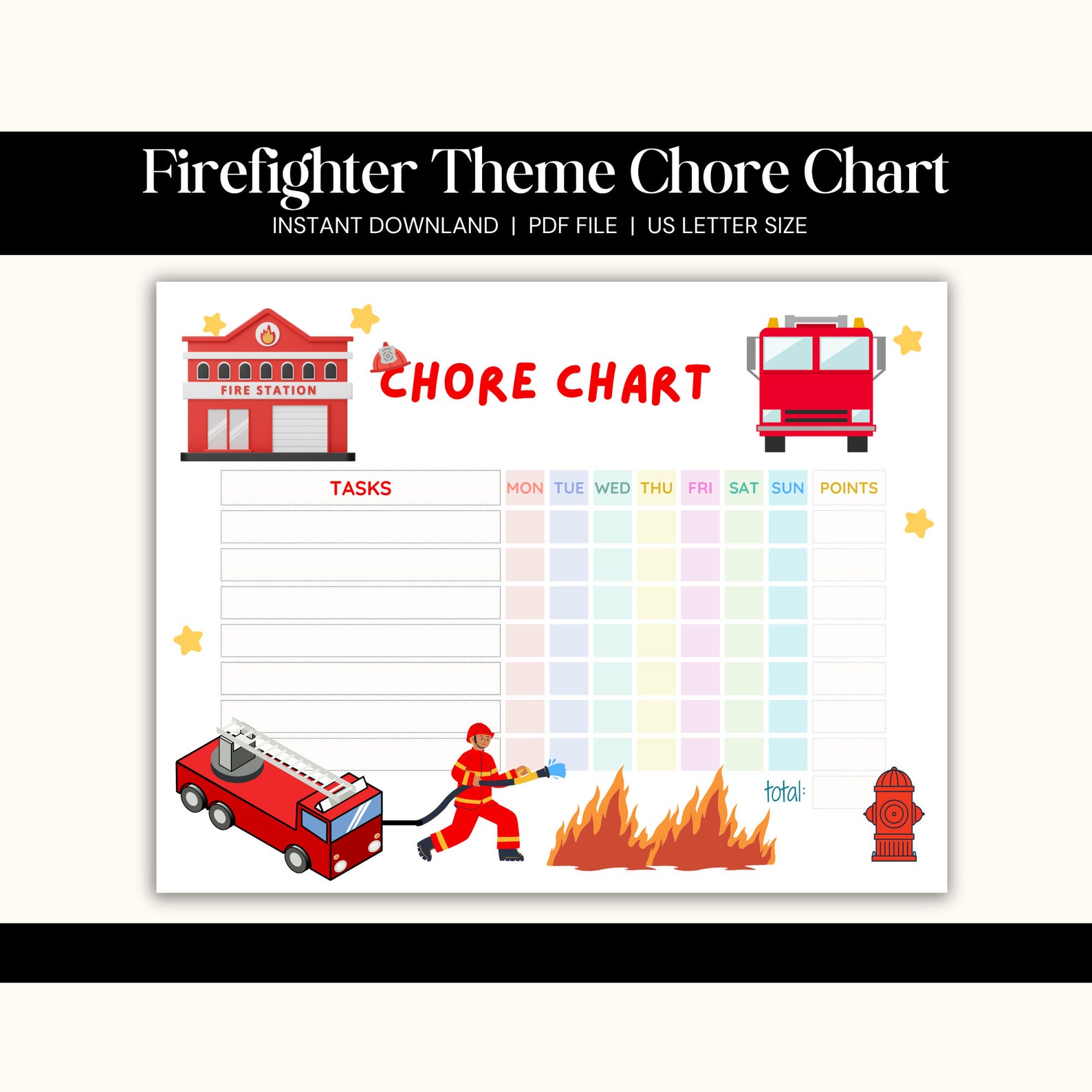 PRINTABLE Firefighter Theme Chore Chart for Kids, Kids Daily ...