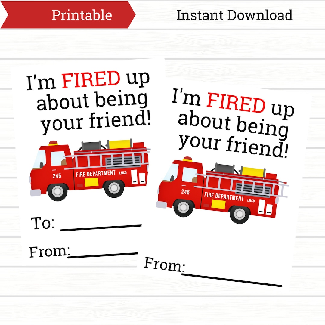 Printable Firefighter Valentine Cards, Fire Truck Valentine, Classroom ...
