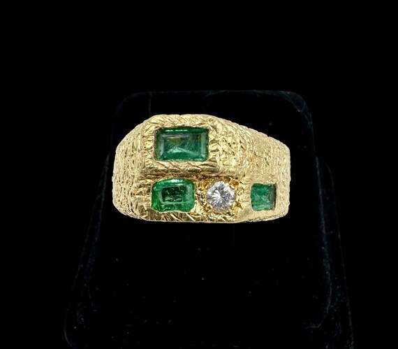 Estate 18k Gold Abstract Emerald Diamond Ring Men's - Gem