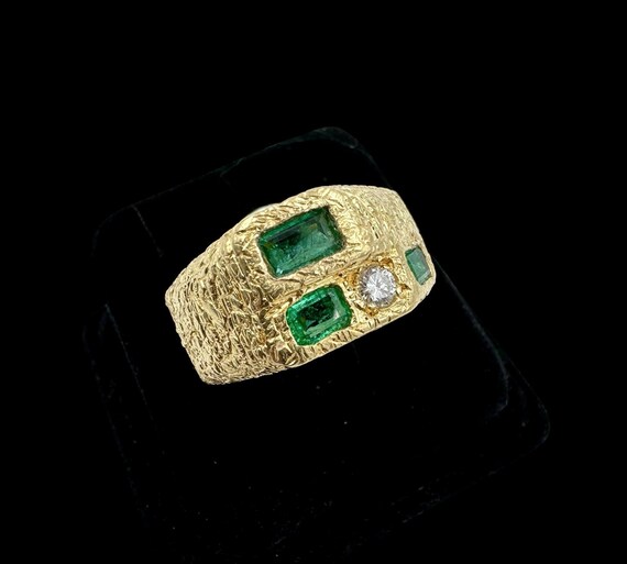 Estate 18k Gold Abstract Emerald Diamond Ring Men's - Gem