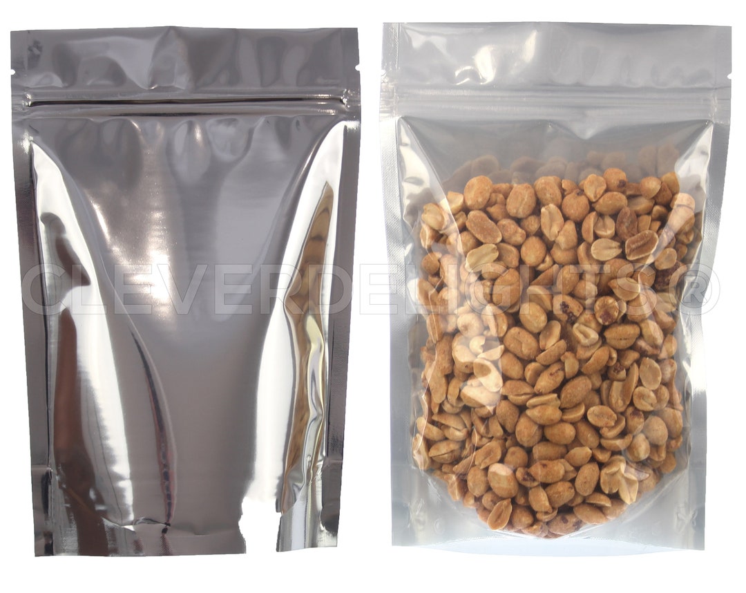 100 Silver / Clear Stand up Pouches 8oz 6 X 9 X 3 Reclosable Bags Heat ...