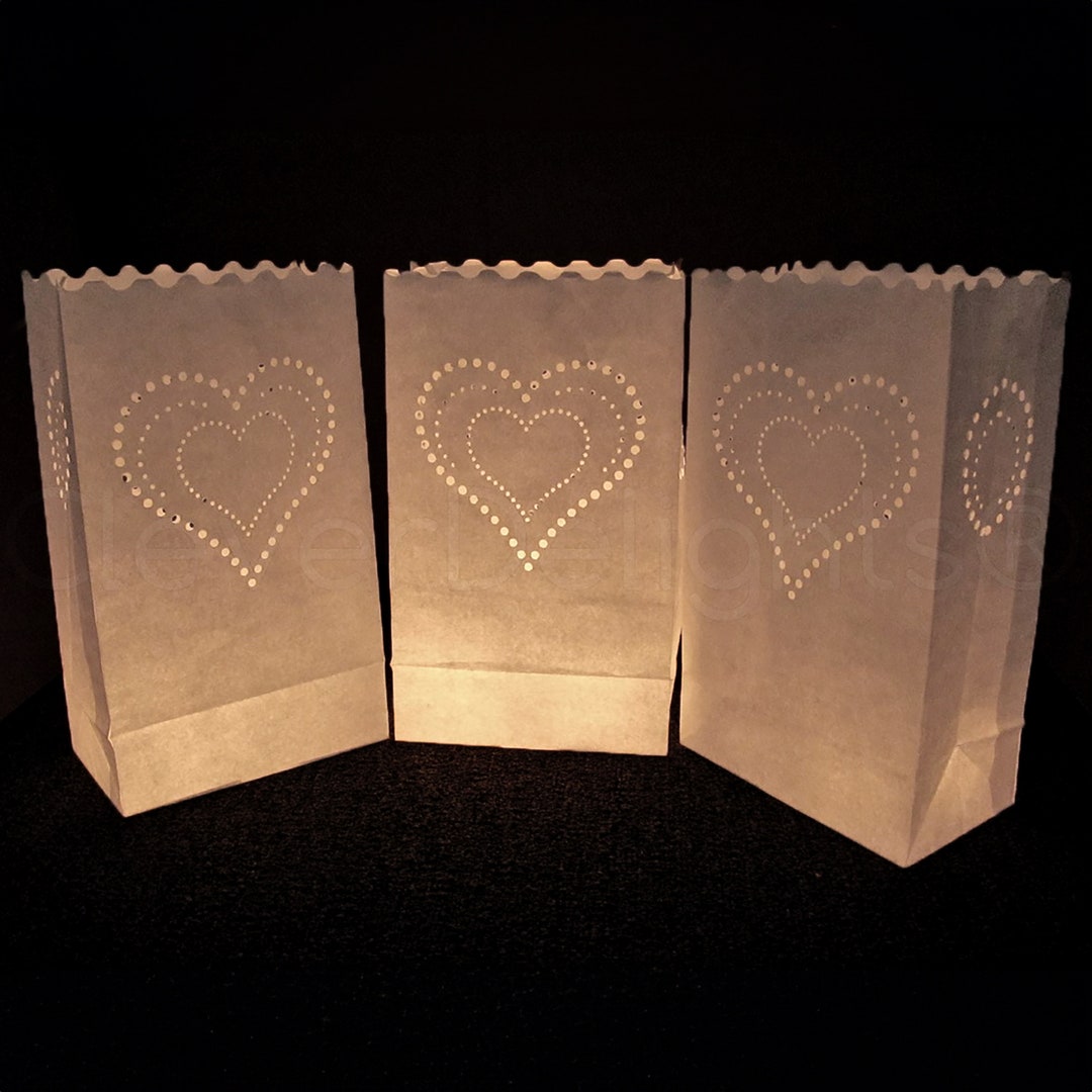 50 White Luminary Bags Heart of Hearts Design Wedding, Reception, and ...