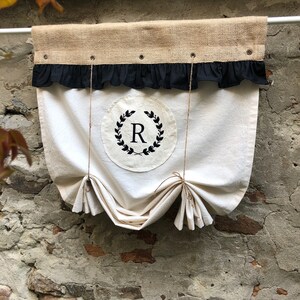 Black Ruffle Monogramed Farmhouse Valance Natural Burlap Tie up ...