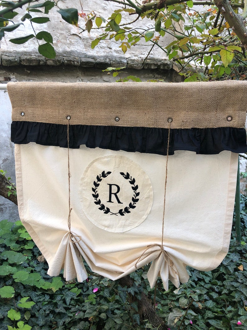 Black Ruffle Monogramed Farmhouse Valance Natural Burlap Tie - Etsy