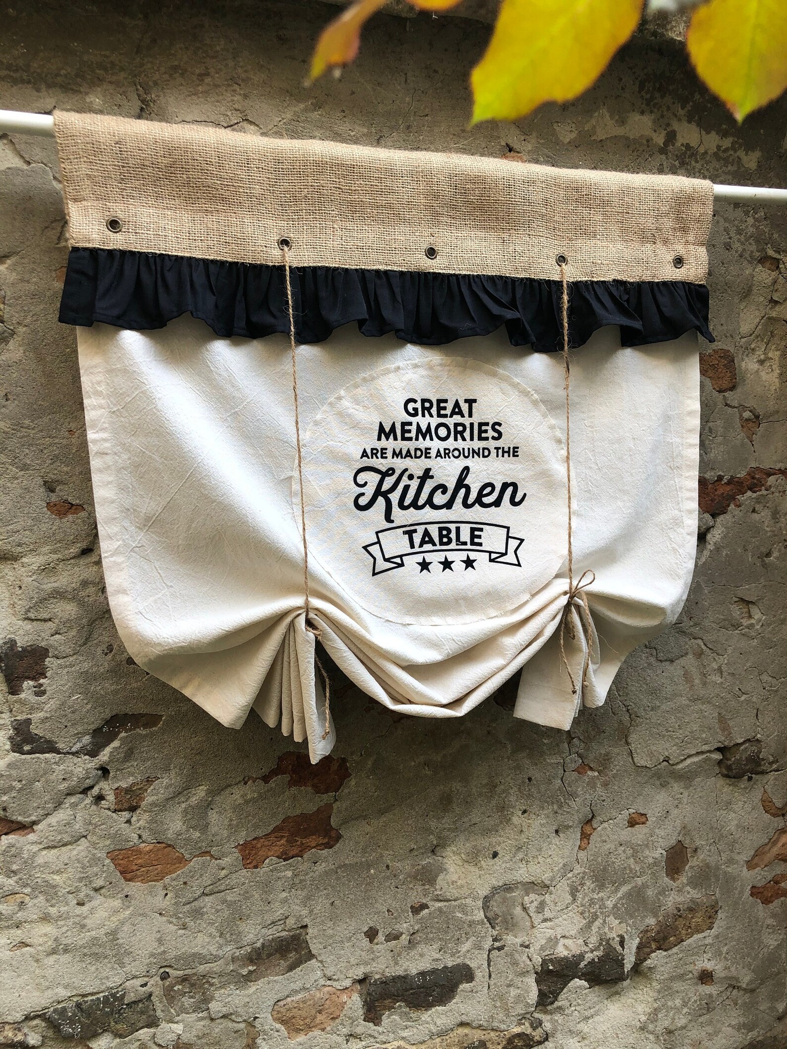 Black Ruffle Kitchen Modern Farmhouse Valance Natural Burlap Tie up ...