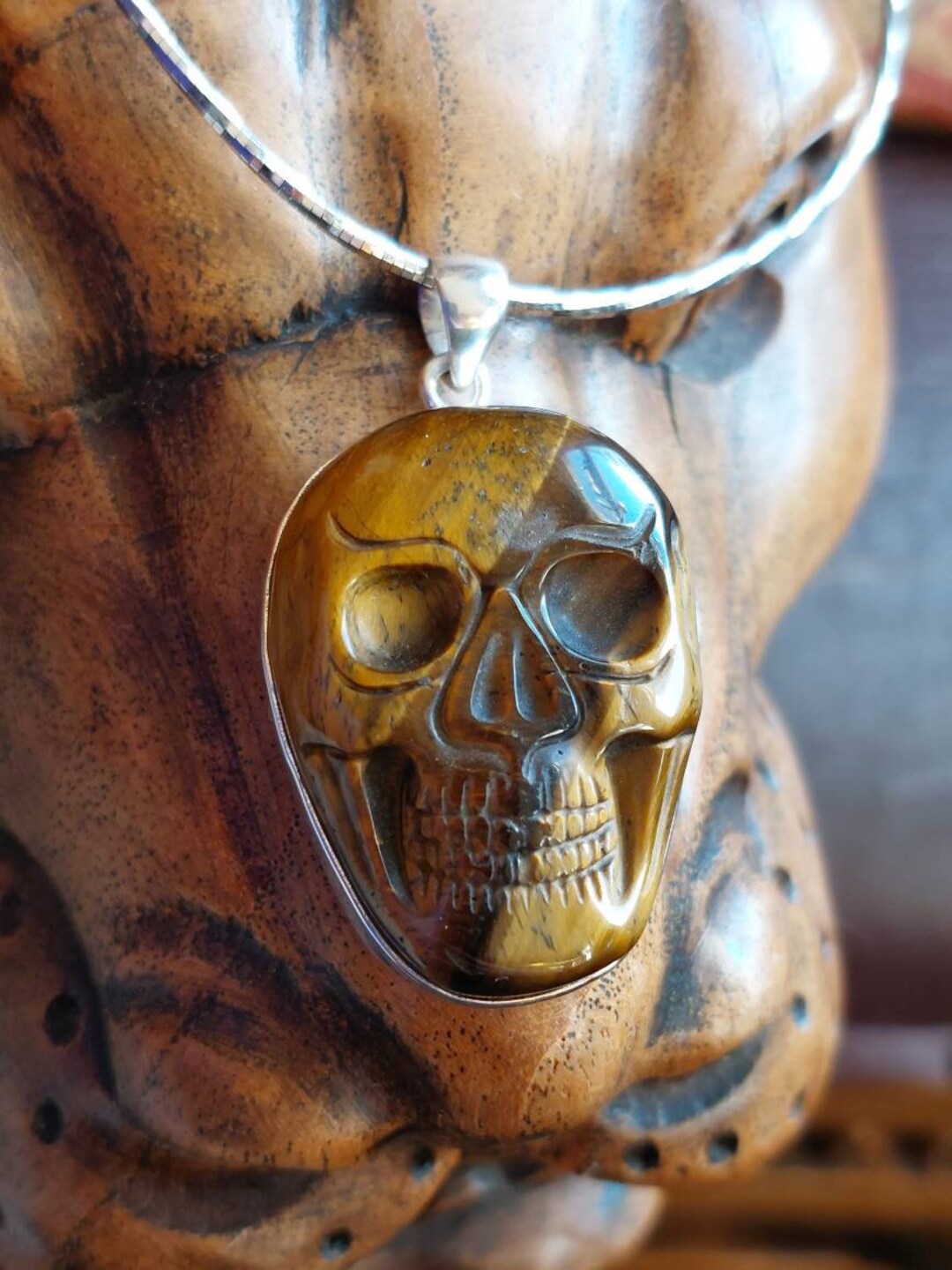Handcarved Crystal Skull Tiger Eye Silver Pendant Intuitive Meditation ...