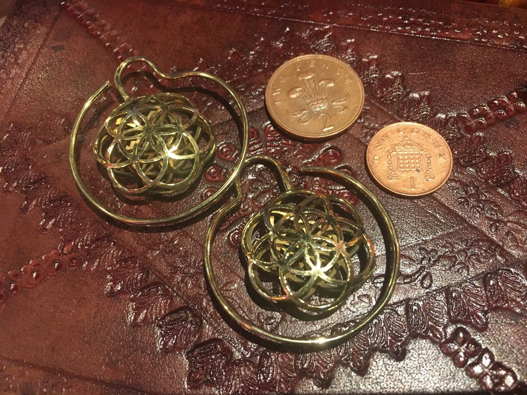 Ear Weights (PAIR) - Brass Sacred Geometry Tribal Flower Key of Live ...