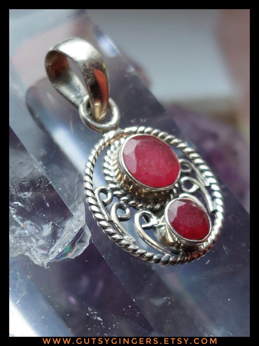 Vivid Raw Ruby Double Natural Faceted Gem Set Into a Delicate Filigree ...
