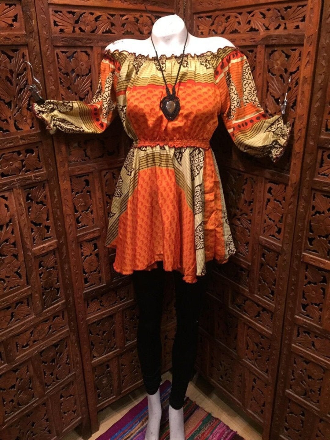 100% Natural Silk Gypsy Wench Top Mini Dress off the Shoulder Festival ...