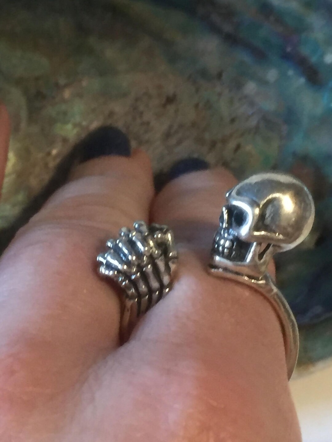 Solid Silver Skeleton Skull Hands Wrap Around Hug Ring Heavy Wiccan ...