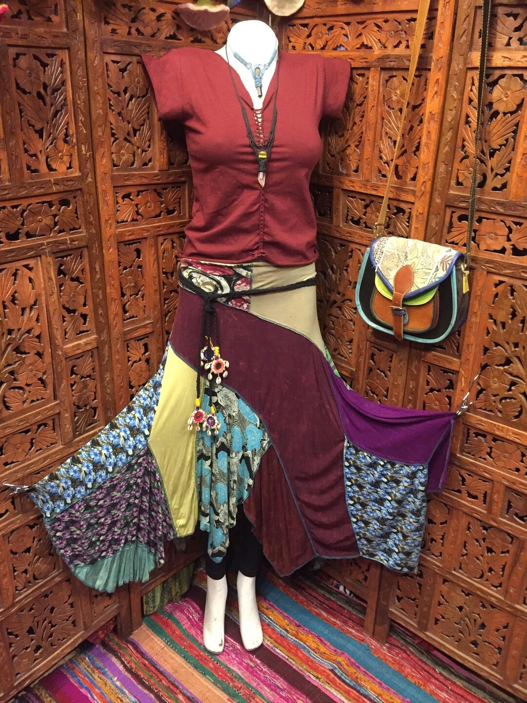 Gypsy Rag Doll Long Vibrant Patchwork Stretch Jersey Skirt Size M/L or ...