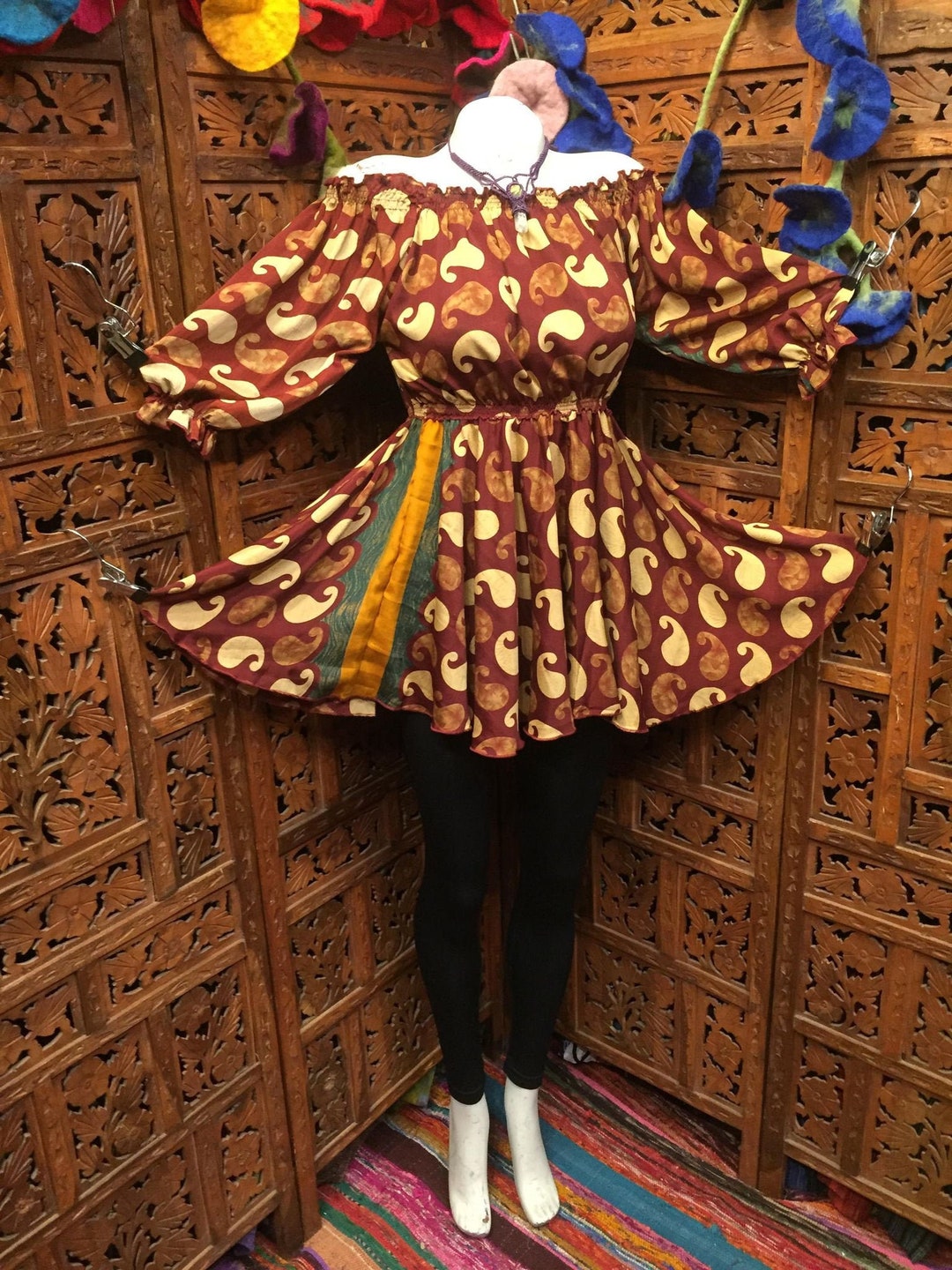 100% Natural Silk Gypsy Wench Top Mini Dress off the Shoulder Festival ...