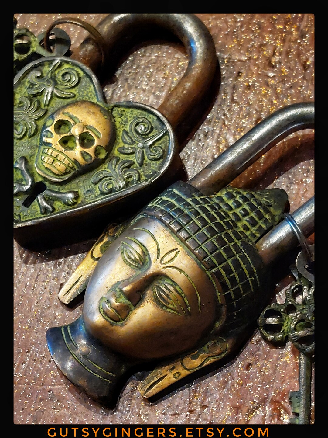Heavy Antique Brass Padlock Buddha Skull Deity Heavy Duty Lock ...