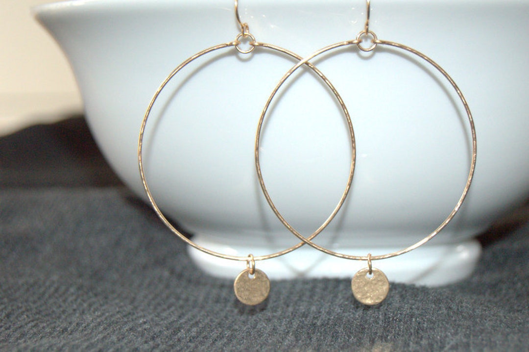Drop Hoop Earrings With Charm, 14K Gold Filled Dangle Hoop, Disk Hoop ...