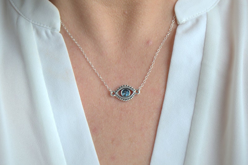 Silver Evil Eye Necklace With Blue Crystal, Protective Amulet, Eye of ...