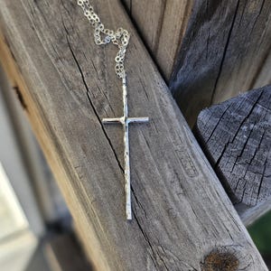 Minimalist Long Skinny Cross Necklace, Sterling Silver Hammered Cross ...