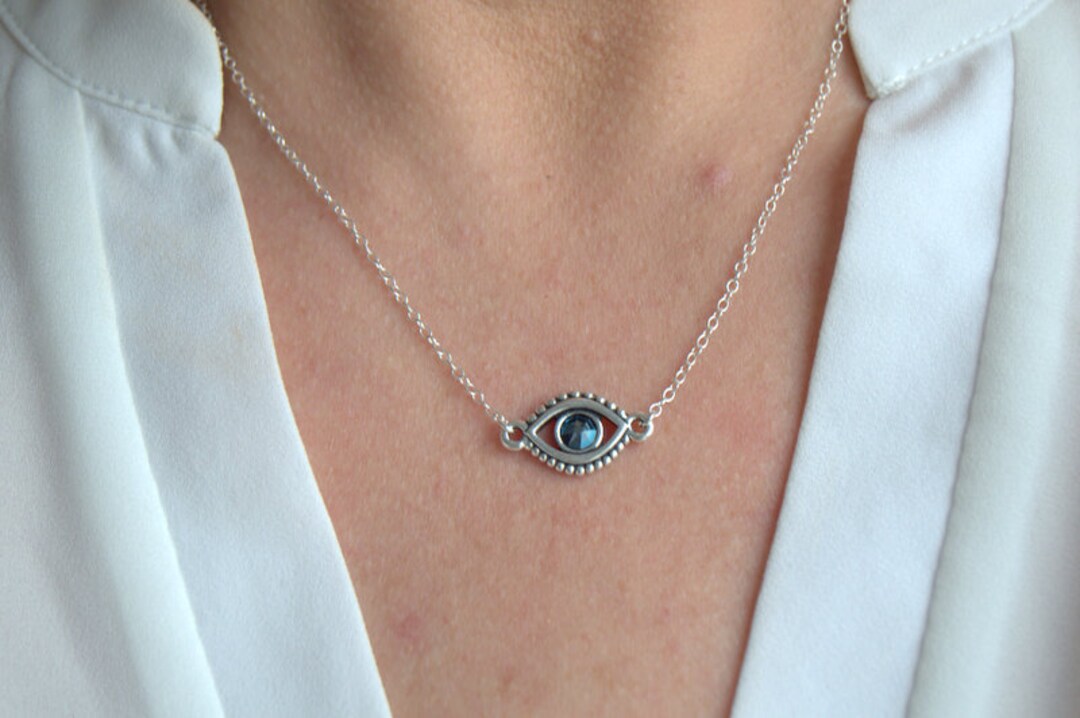 Silver Evil Eye Necklace With Blue Crystal, Protective Amulet, Eye of ...