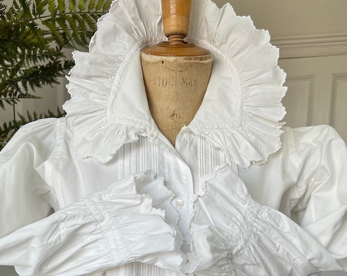 Victorian Edwardian White Cotton Shirt Blouse With Large Frilly Collar ...