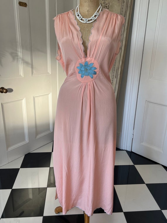 1940s rayon peach slip with blue flowers - Gem
