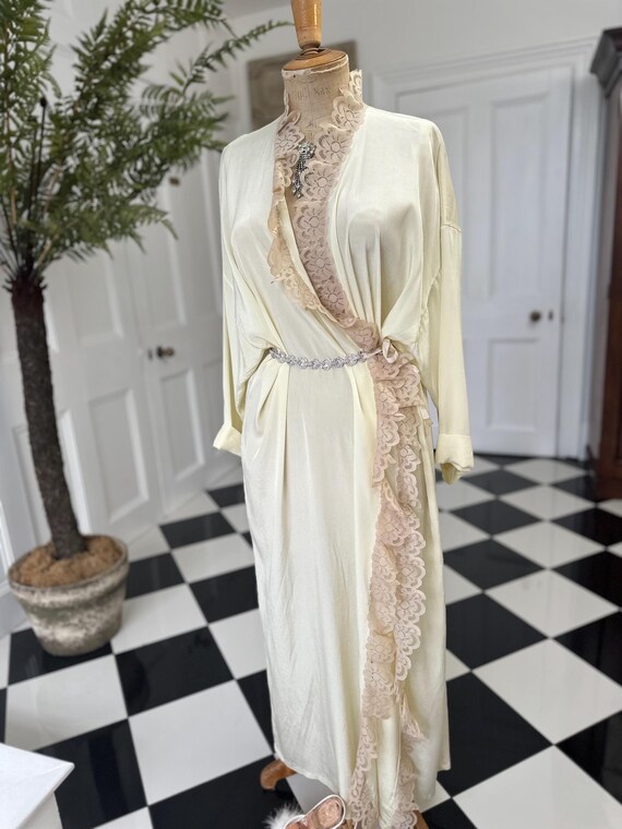 1970s Pale yellow night gown wrap dress with beige l… - Gem