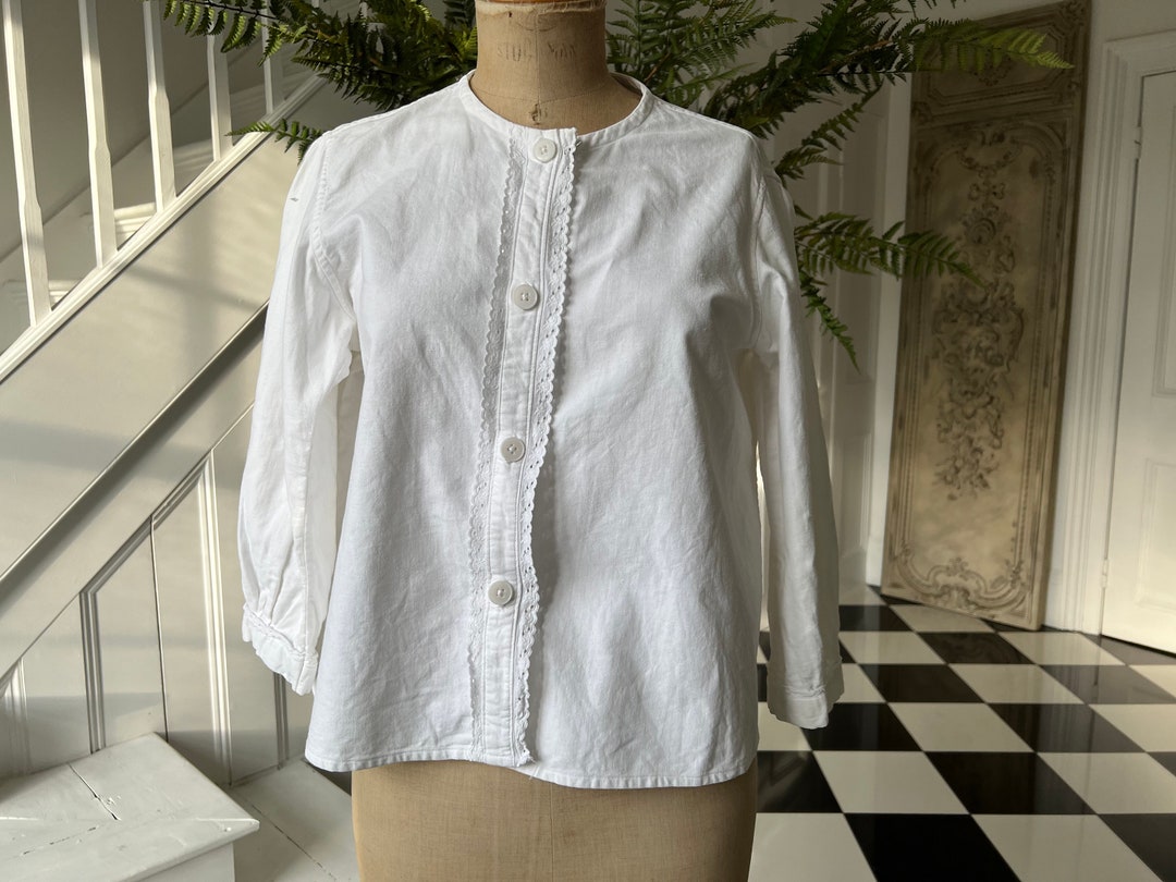 Victorian Edwardian White Long Sleeve Winter Smock Style Cotton Blouse ...