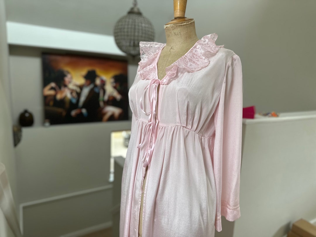 1970s Pink Silky and Lace Long Gown Housecoat - Etsy