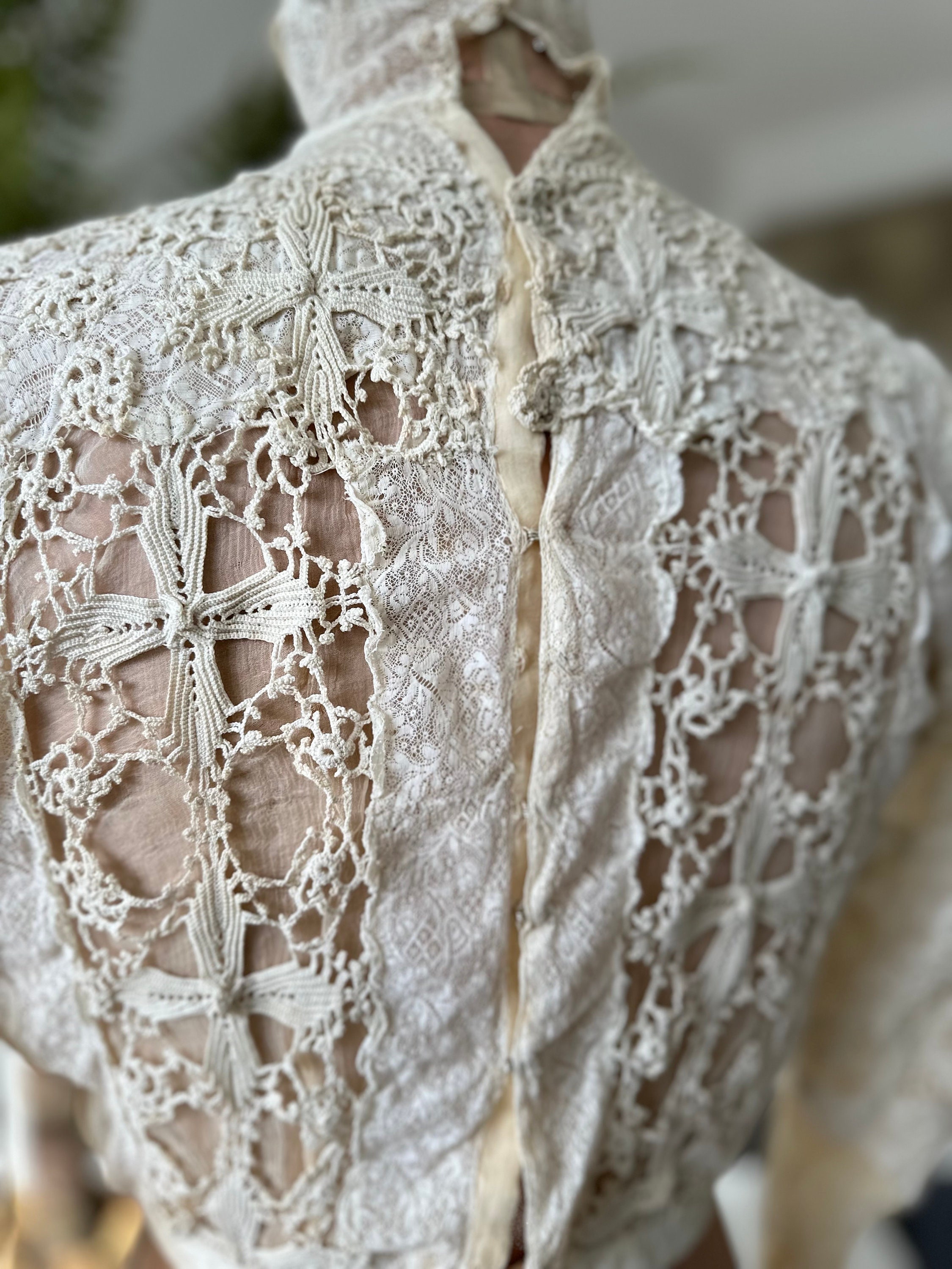 1910s Edwardian High Neck Blouse in Irish Crochet and Lace 1910s Edwardian High Neck Blouse in Irish Crochet and Lace