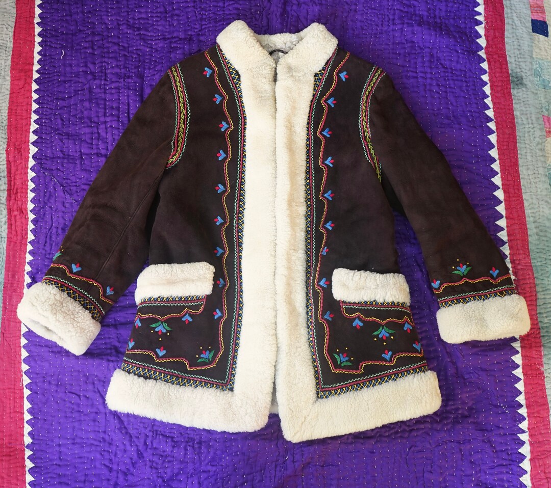 1970s Hand Embroidered Polish Sheepskin Coat, Shearling/suede/leather ...