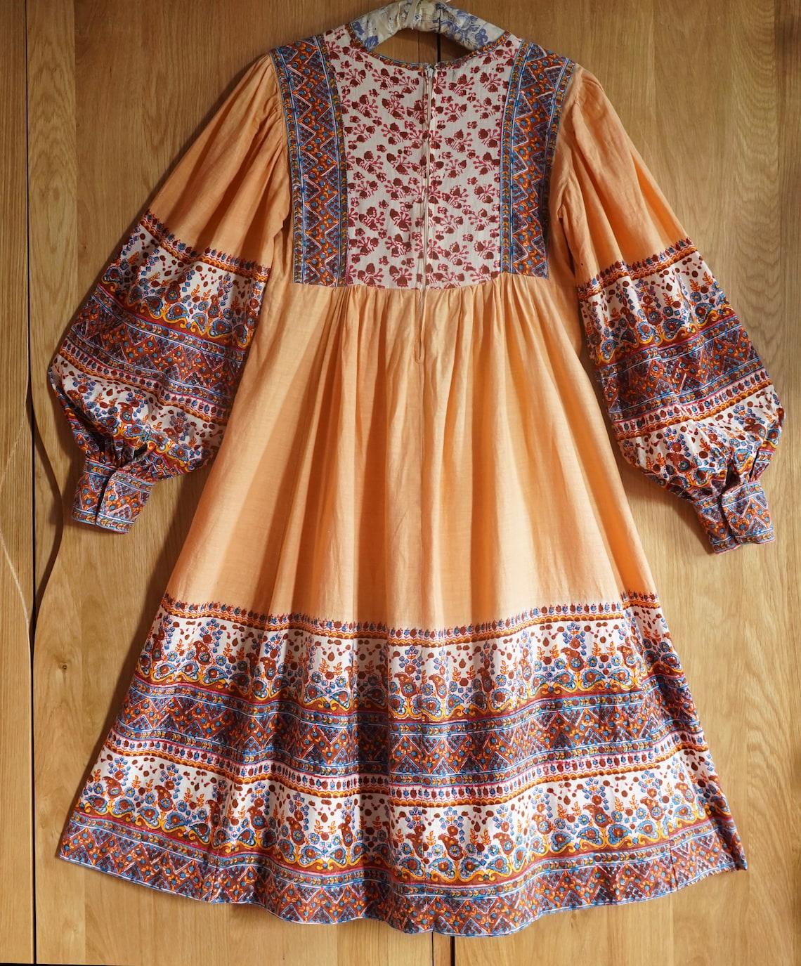 1970s Indian Cotton Block Print Smock Dress: Bishop Sleeves Boho ...